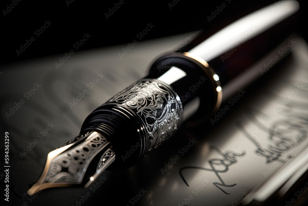 Silver fountain pen leaves drawing a straight ink line on a white paper ...