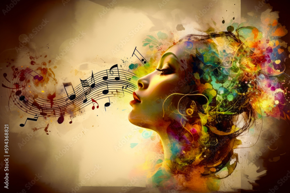 Woman's face with musical notes coming out of her head and music note ...