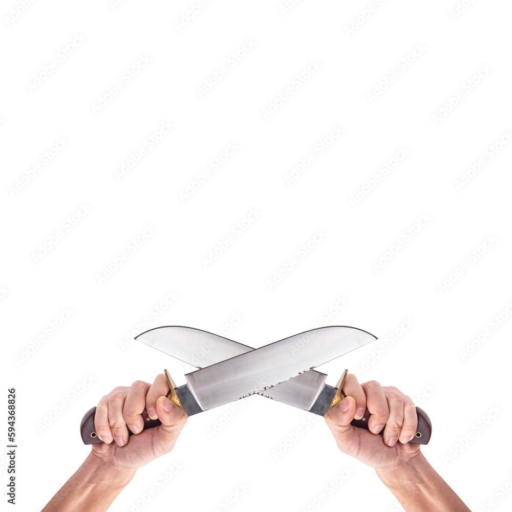 Adult Man Holding Big Sharp Knives With Both Hands on iSolated White ...