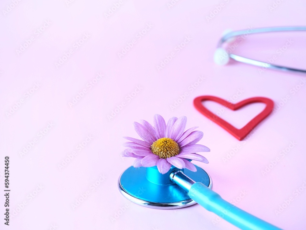 Health background with stethoscope, heart and flower Stock Photo ...
