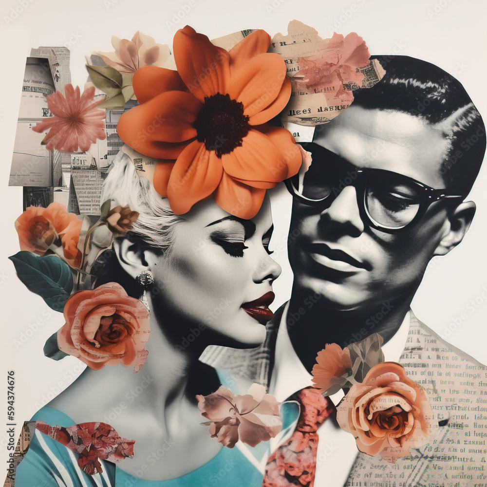 Vintage collage Illustration of a couple, man and woman in a very ...