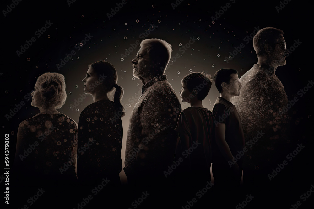 Different generations of family stand together against dark abstract ...