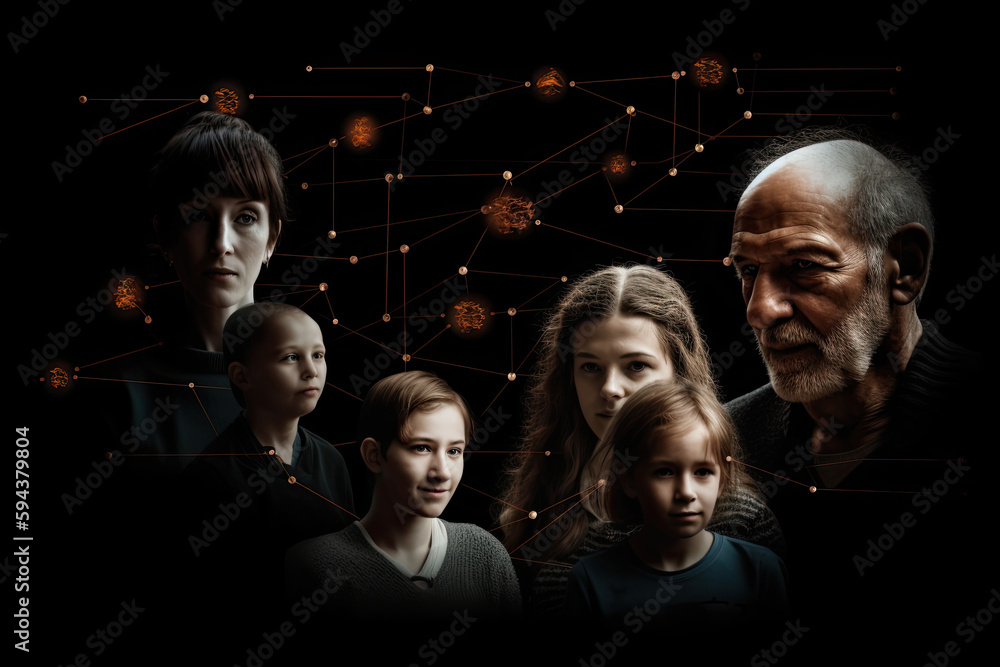 ภาพประกอบสต็อก Different generations of family stand together against ...