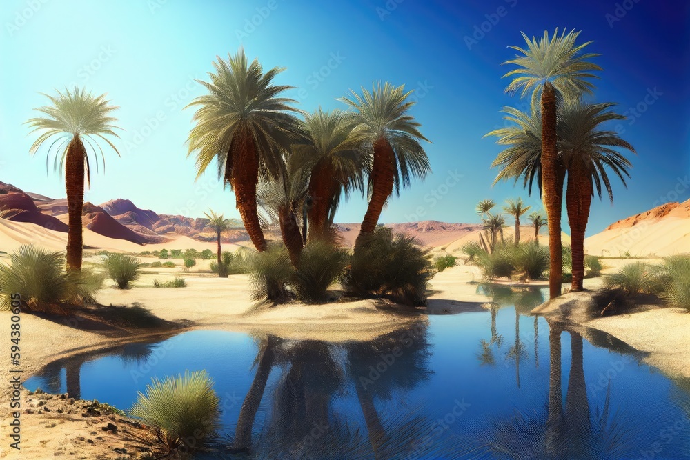 oasis with palm trees and clear blue sky in the desert, symbol of peace ...