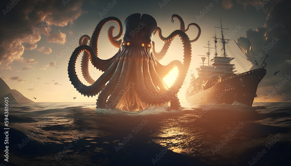 Cthulhu octopus with tentacles underwater and wooden vessel with red sails in ocean. Giant ...