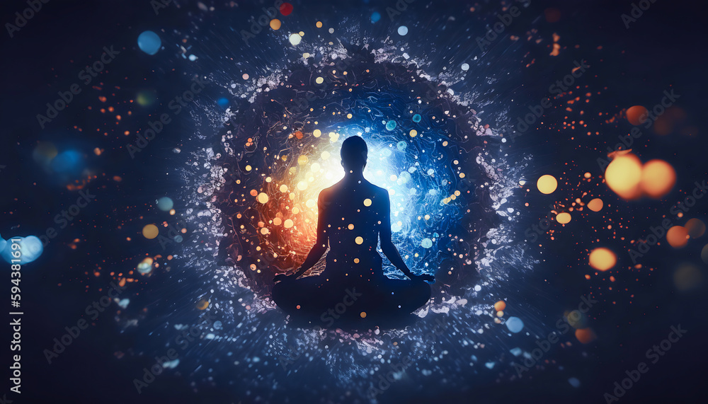 Astral yoga silhouette of human in cosmic space meditate. Back view man practicing ...