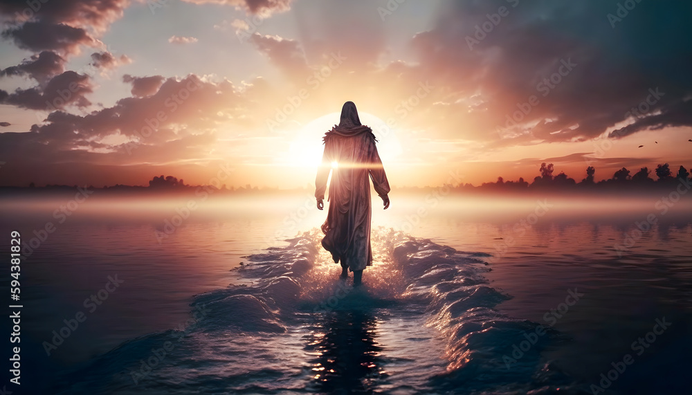 Back view Jesus Christ walking on water with sun light. Biblical Series ...
