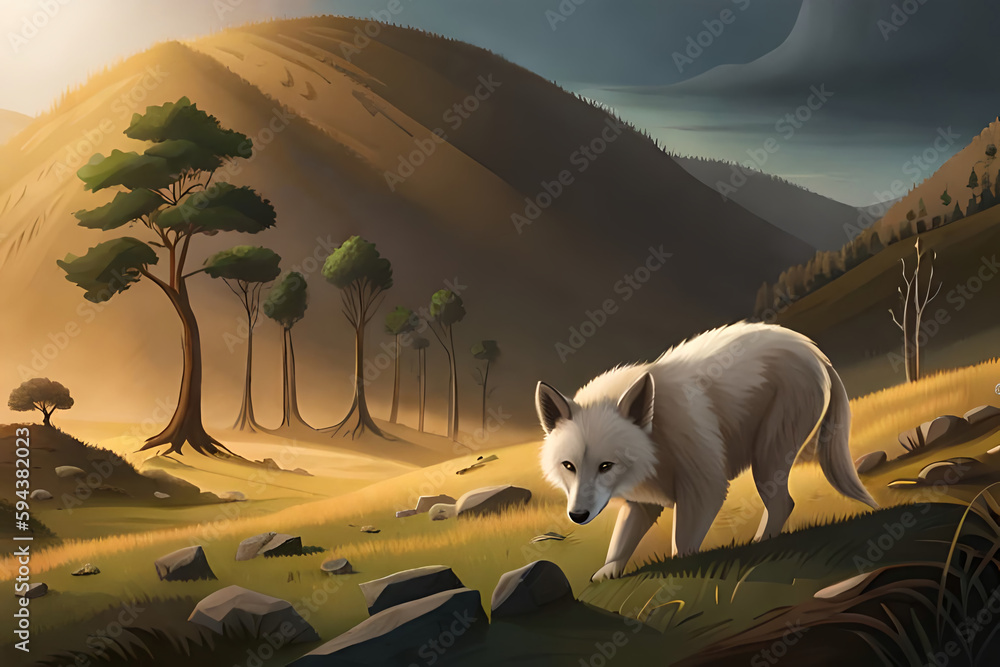 painting of a white wolf walking in a field with trees and rocks, the ...