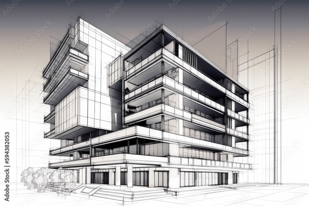 architectural blueprints of modern hotel, with sleek design and ...