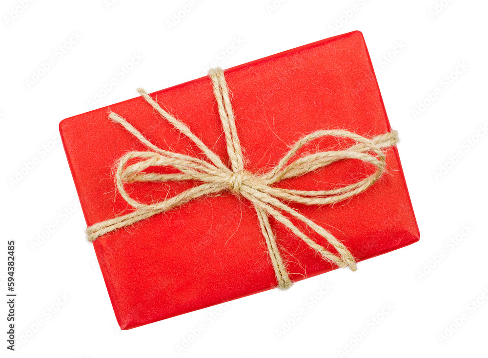 Gift box packed with red craft paper and twine isolated on transparent ...