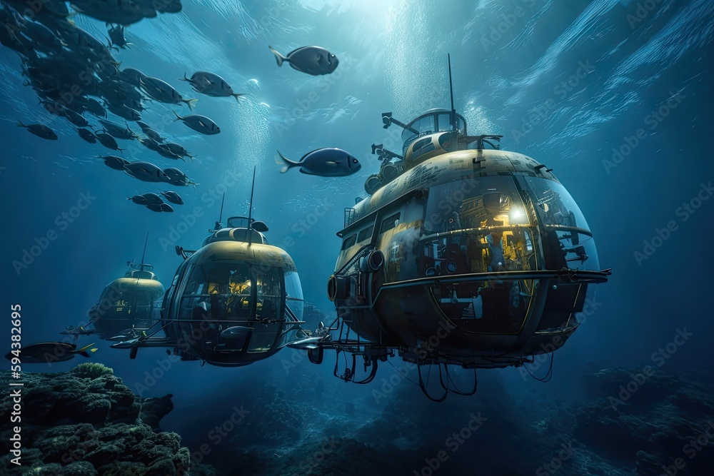 a group of submersibles exploring the depths of the ocean floor, with ...
