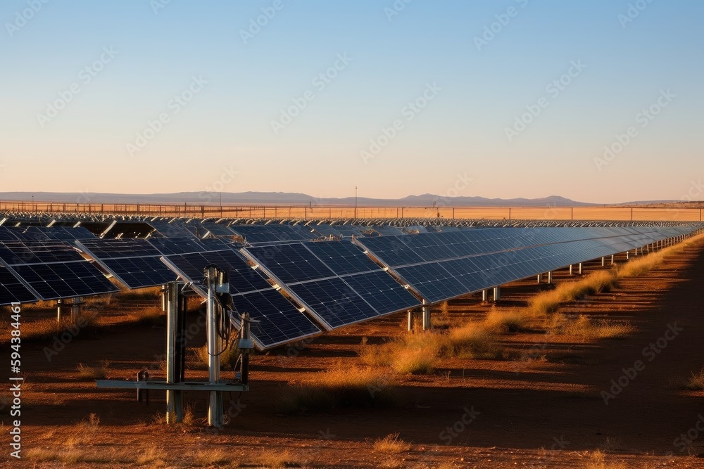 large-scale solar farm, with rows of panels and turbines in the ...