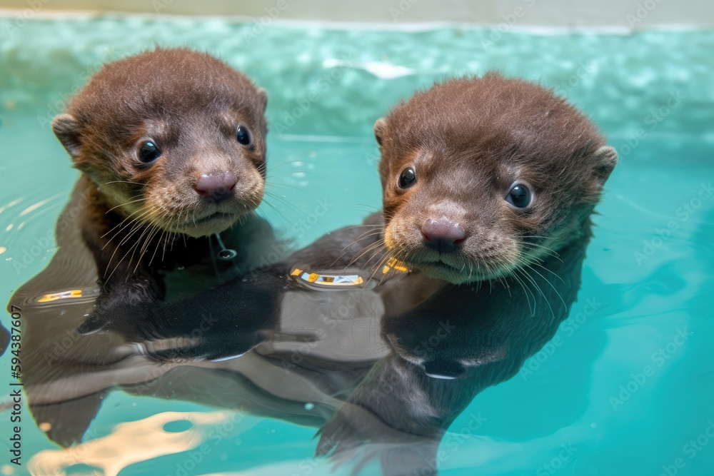 baby otters swimming in crystal-clear pool, their furry paws and tails ...