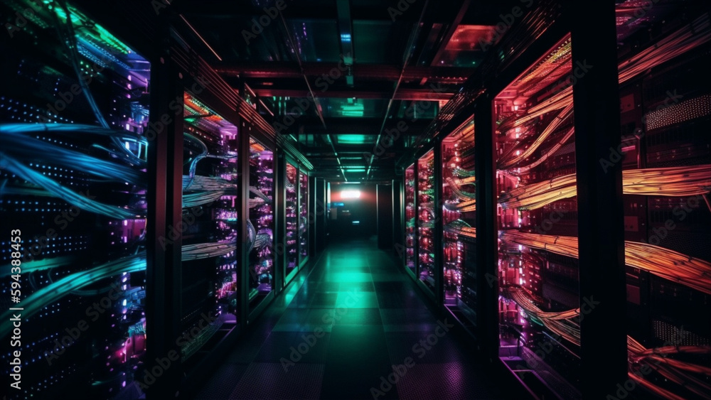 Data center room with glowing led indicators from servers. Bright ...