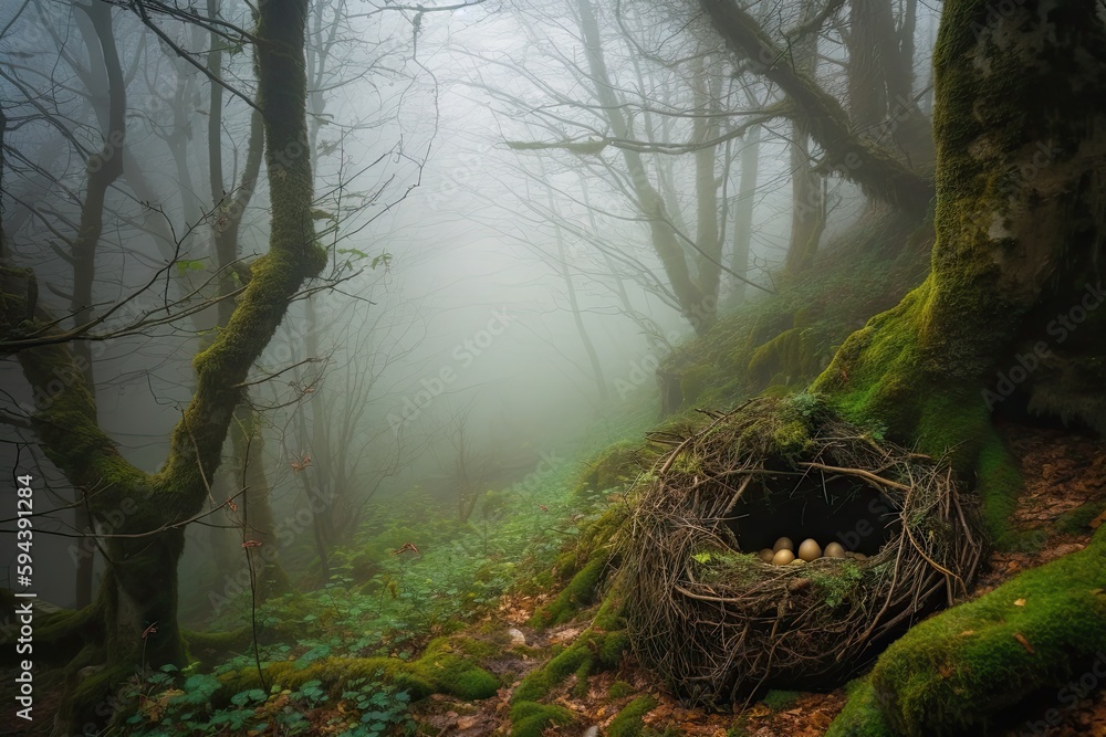 enchanted forest with misty trees and nest on the ground, created with ...