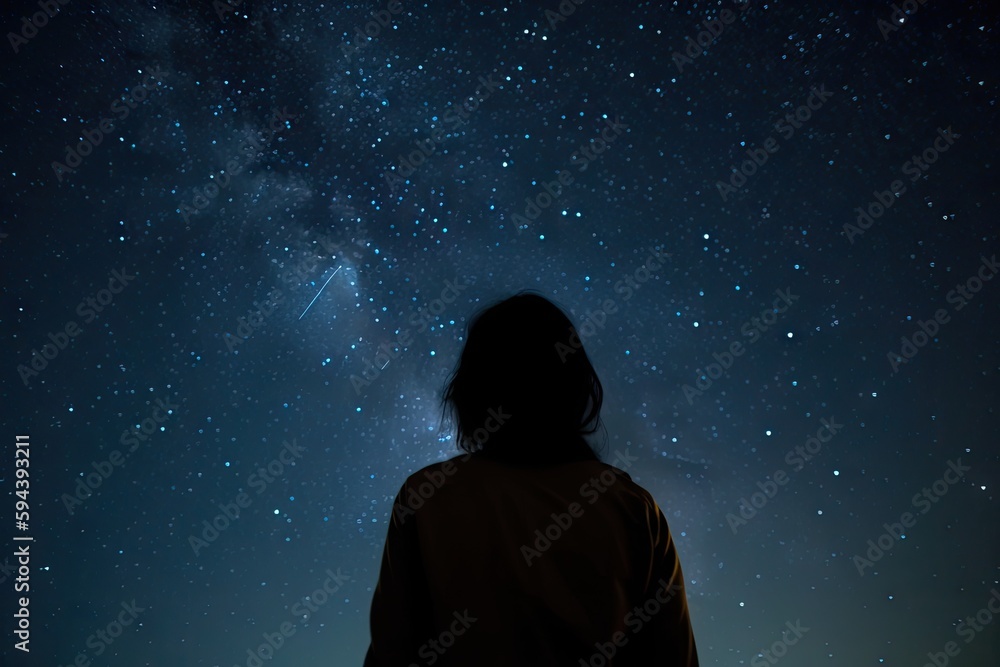 person, looking up at night sky, with view of the stars and planets ...