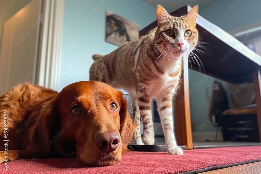 cat doing yoga while dog practices downward-facing dog pose, created ...