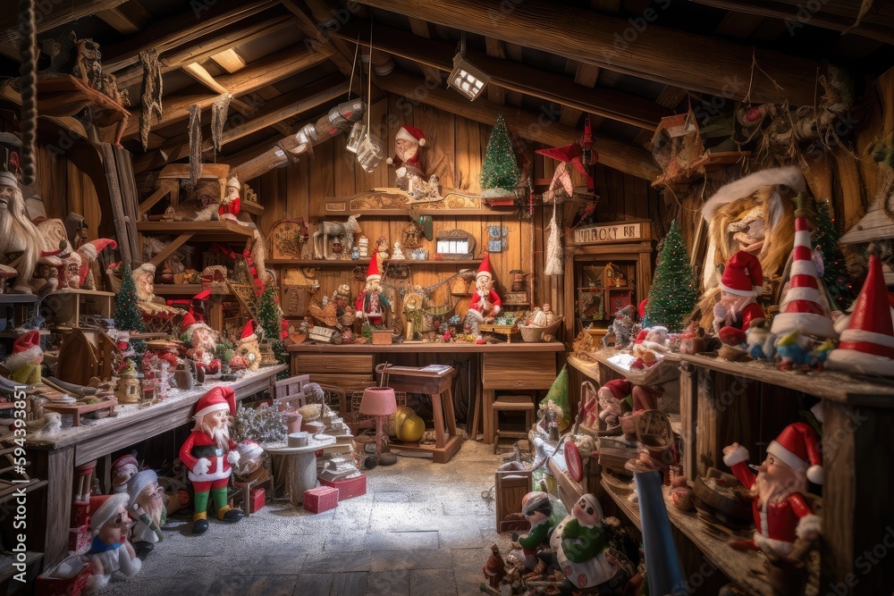 santa's workshop, with elves and toys in the background, created with ...