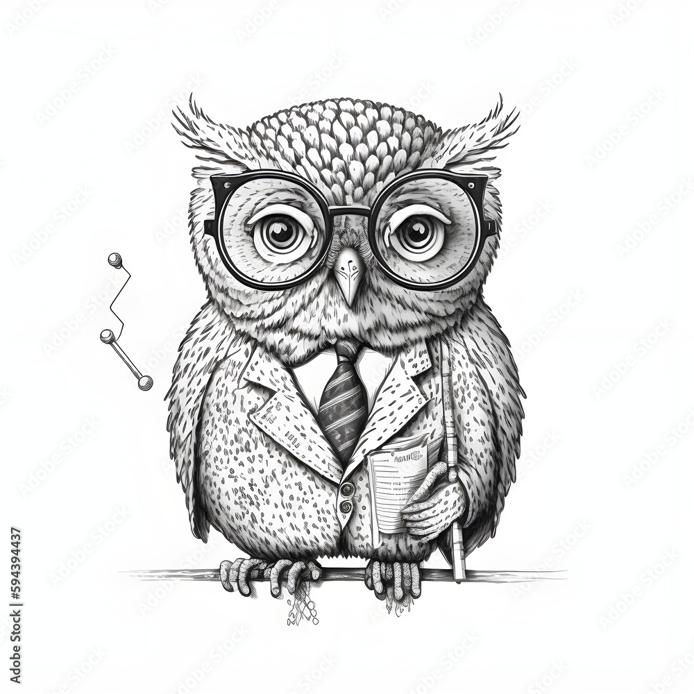 4K Hyper detailed line drawing of a mathematic genius Owl cartoon ...