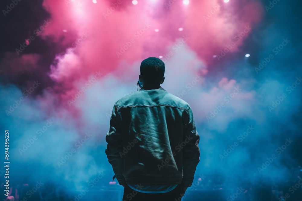Artist Rapper At A Music Concert On Stage Singing Seen From The Back With Pink And Blue Smoke