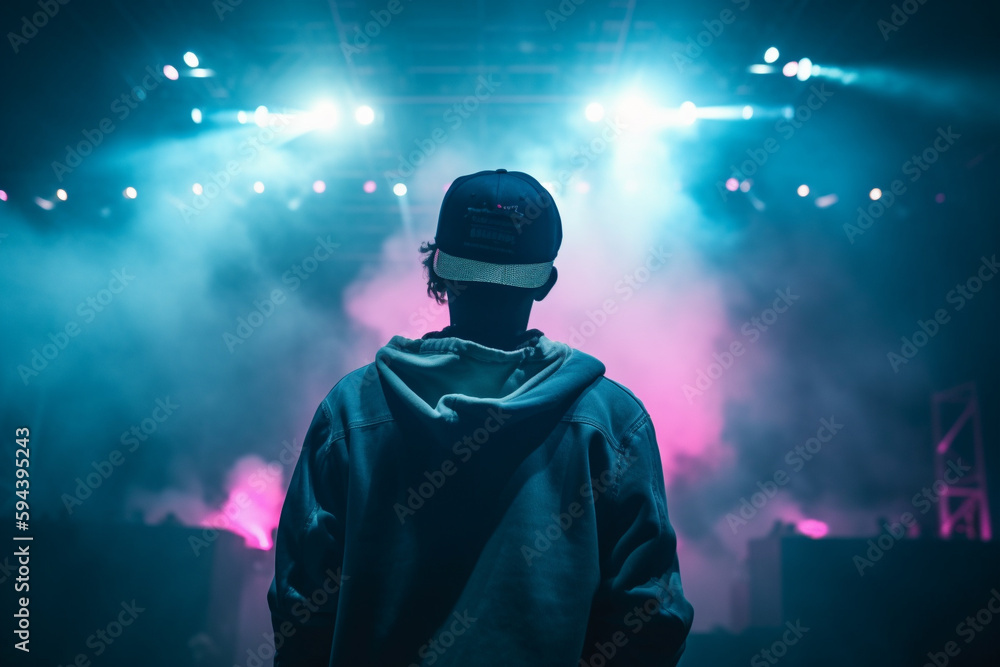 Artist rapper at a music concert on stage singing seen from the back ...
