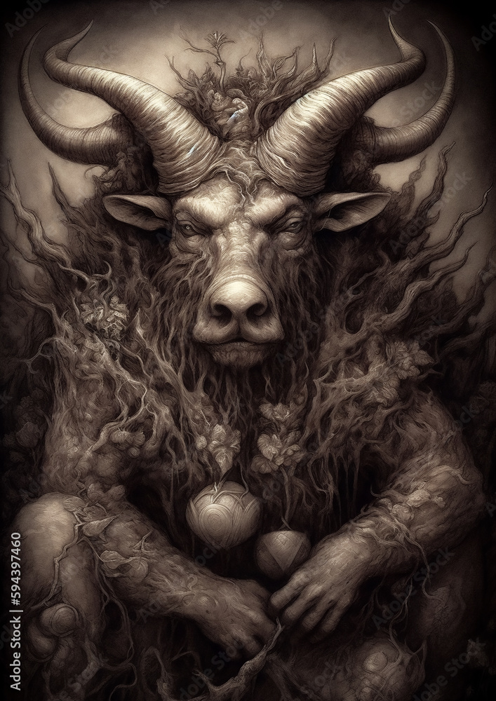 Illustration of a Minotaur in a fictional scenery for frame ...