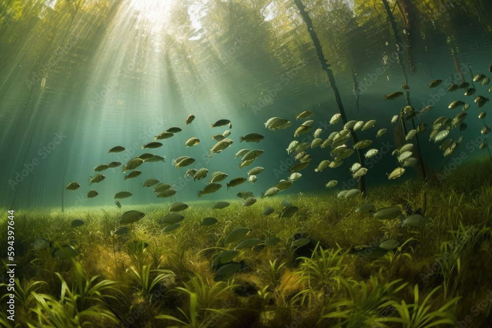 underwater view of a freshwater lake, with schools of fish swimming ...