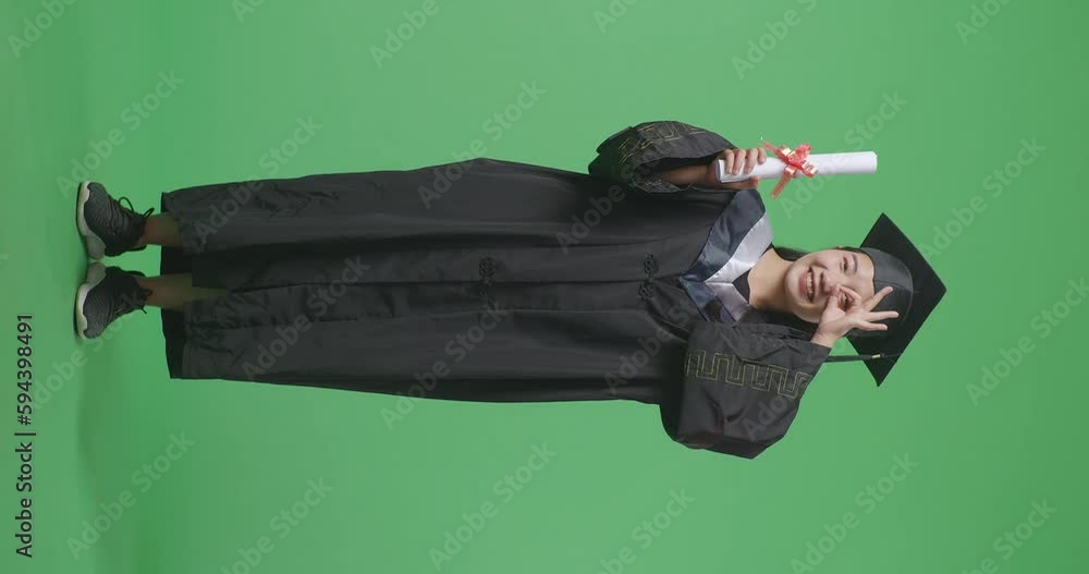 Full Body Of Asian Woman Student Graduates In Cap And Gown With Diploma ...