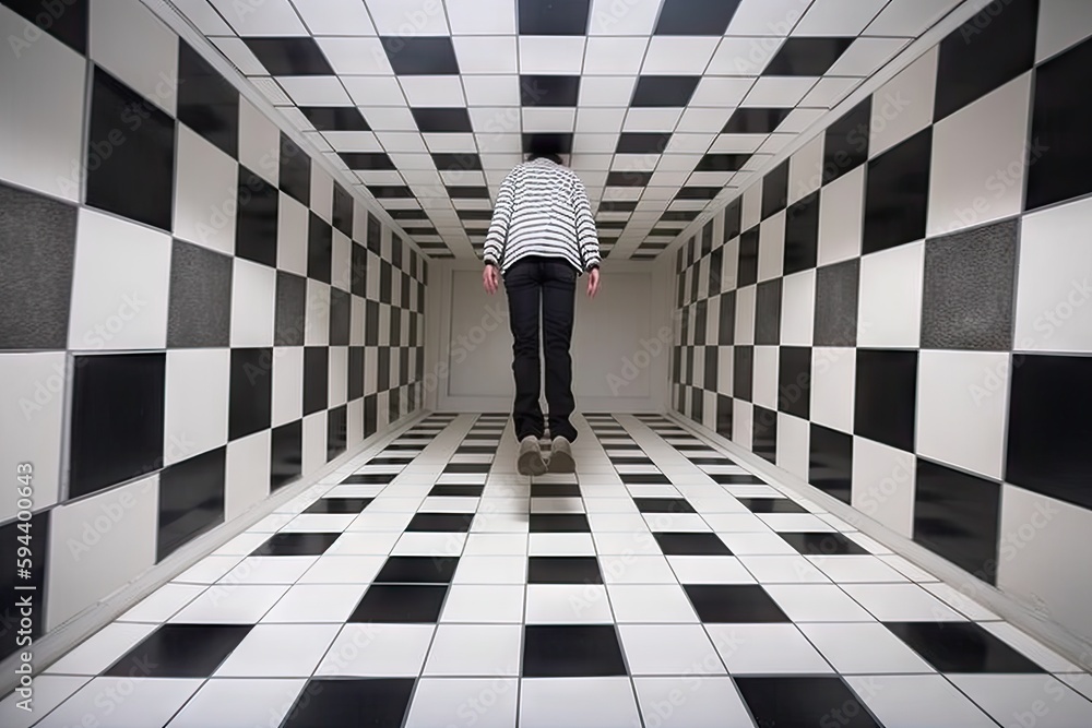 optical illusion of a person walking on the ceiling, with their feet ...