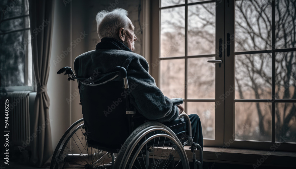 impaired senior man in wheelchair feeling depressed, suffering from ...