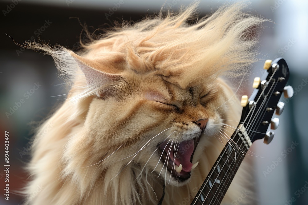 cat like as rock star headbanging in concert to electric guitar riffs ...
