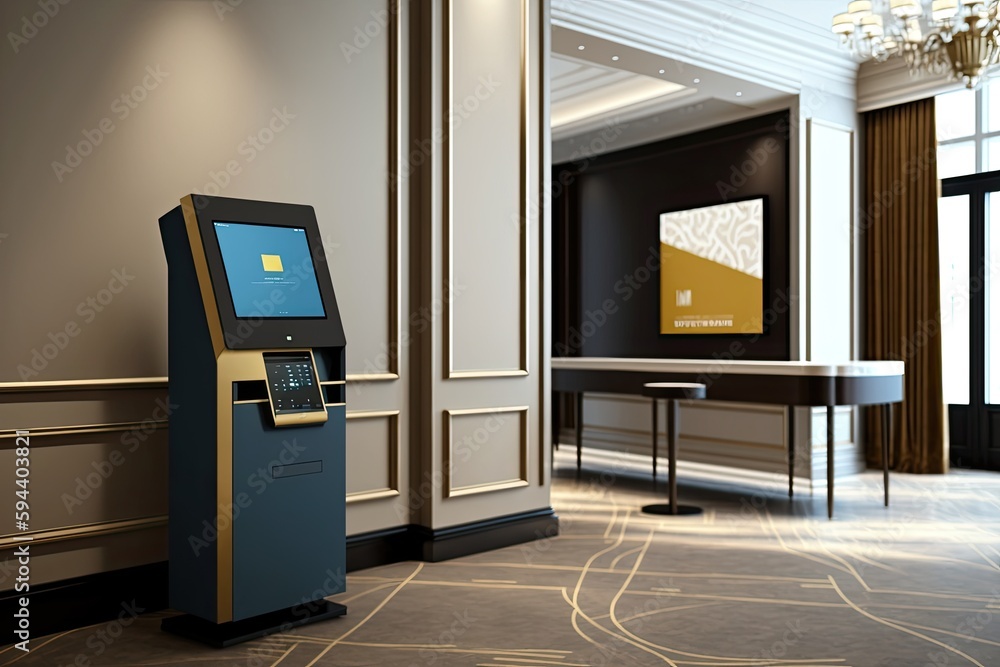 empty luxury hotel reception with sleek modern design and tech-focused ...