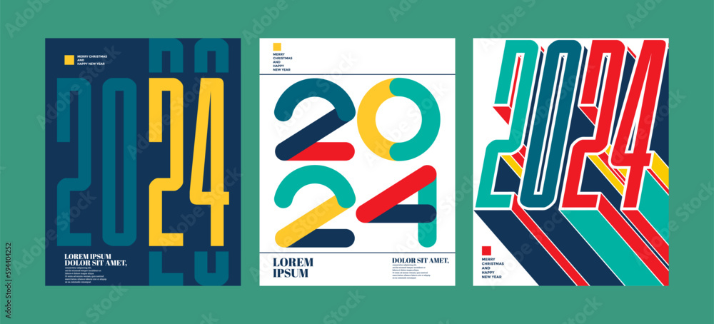 2024 Colorful set of Happy New Year posters. Abstract design with ...