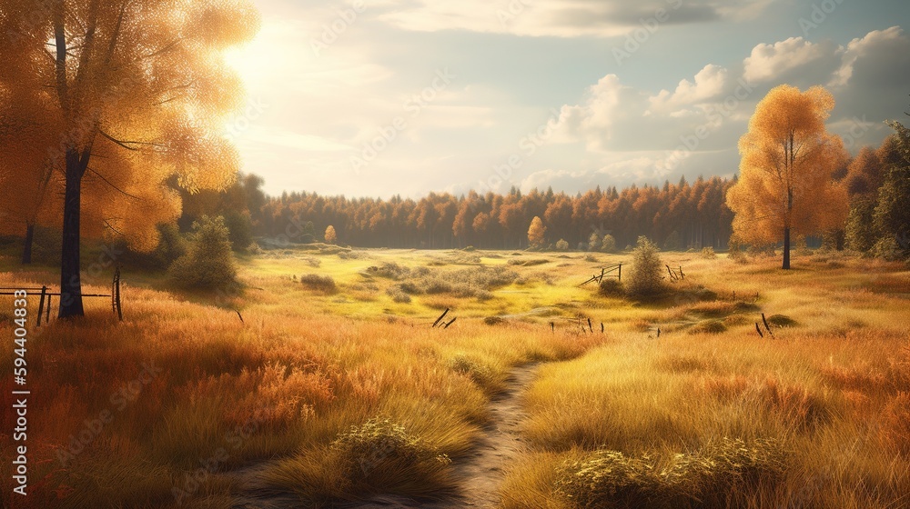 Golden autumn. Autumn landscape with a sprawling field with yellowed ...