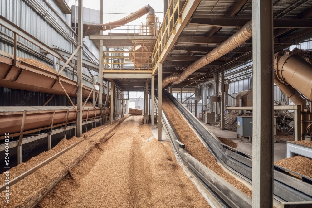biomass energy plant, with conveyor belts and machinery transporting ...