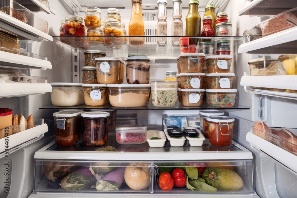 refrigerator with multiple bins and labels for food storage, created ...