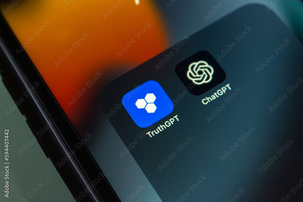 Vancouver, CANADA - Apr 19 2023 : TruthGPT and ChatGPT logos seen in an iPhone screen. TruthGPT ...