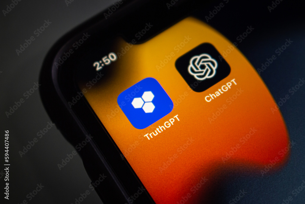 Vancouver, CANADA - Apr 19 2023 : TruthGPT and ChatGPT logos seen in an iPhone screen. TruthGPT ...