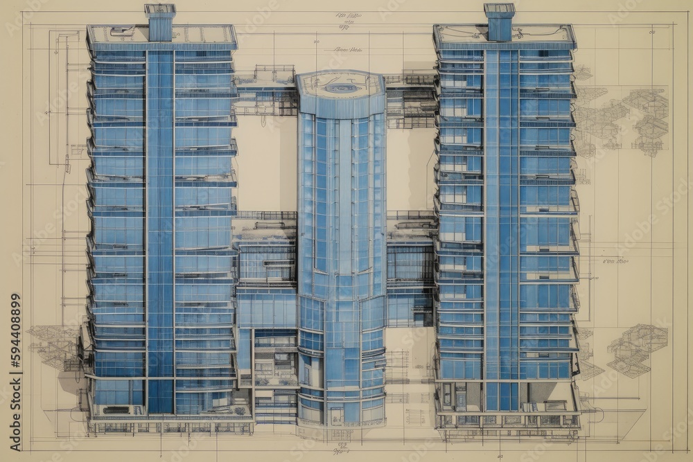 architectural blueprint of high-rise building, with details of each ...
