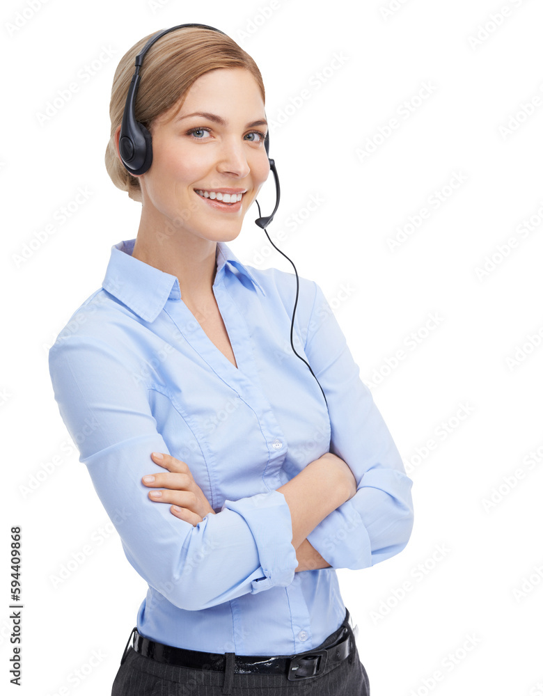 Call center, portrait and arms crossed woman in customer support ...