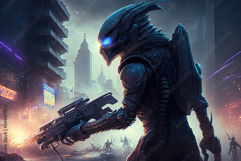 alien, with blaster in hand, defending a city from invading force ...