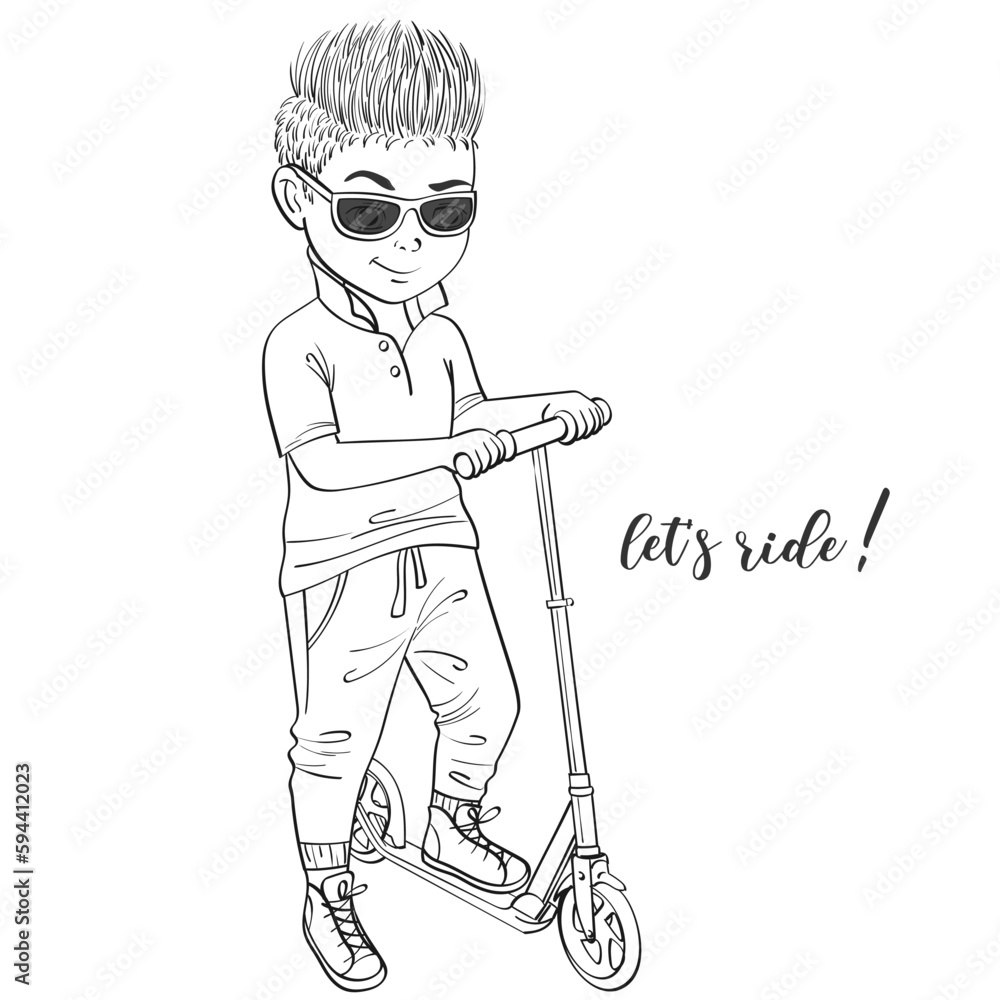 Vetor de boyscooter Hand drawn cute boy with kick scooter. Coloring ...