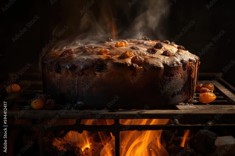 fruitcake being baked in a traditional oven, with flames and smoke ...
