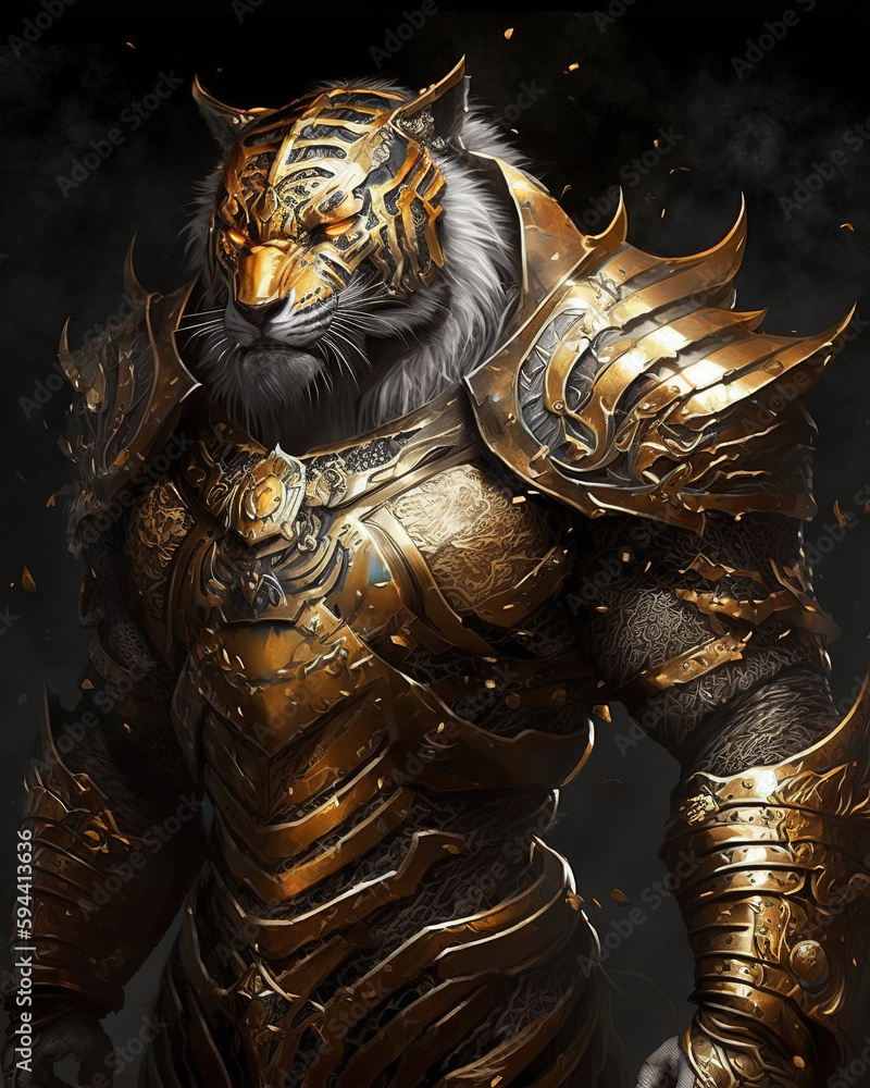 anthropomorphic Tiger character warrior in gold armor, epic character ...
