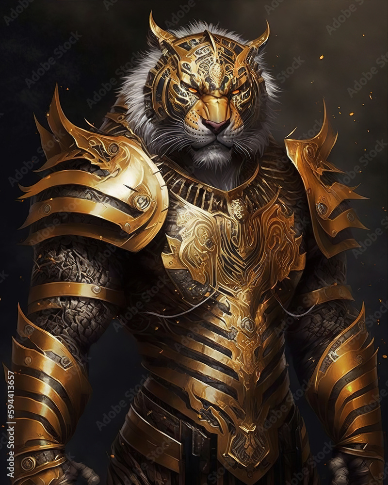 anthropomorphic Tiger character warrior in gold armor, epic character ...