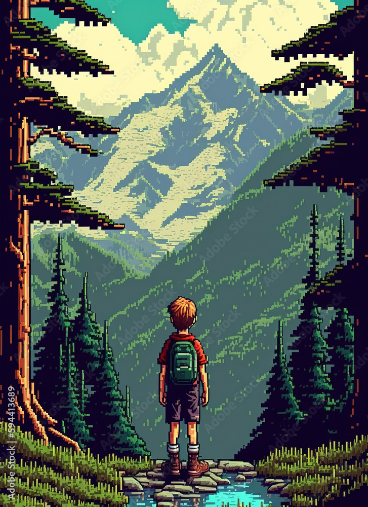 Boy in mountains forest, pixel art generative ai ilustração do Stock ...