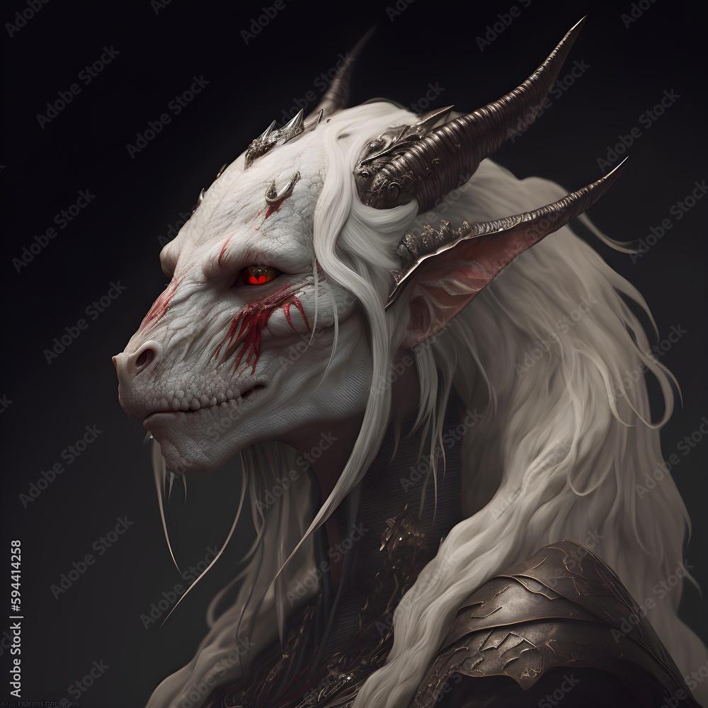 HalfDragon Fantasy 8k Dark theme red eyes scales long white hair small ...