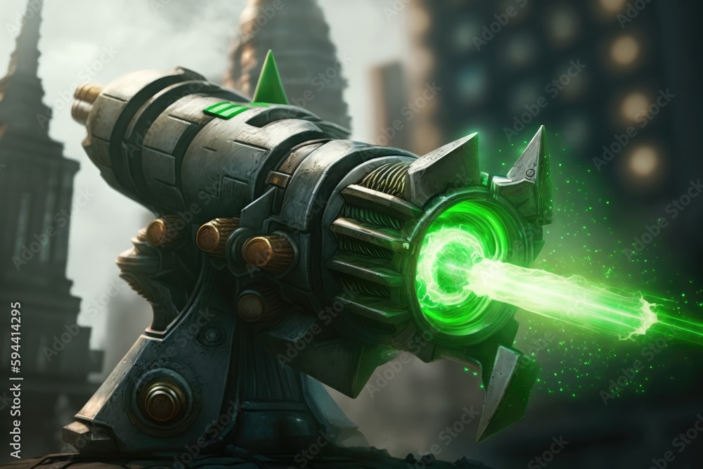Photo & Art Print close-up of alien blaster with green energy beam in ...