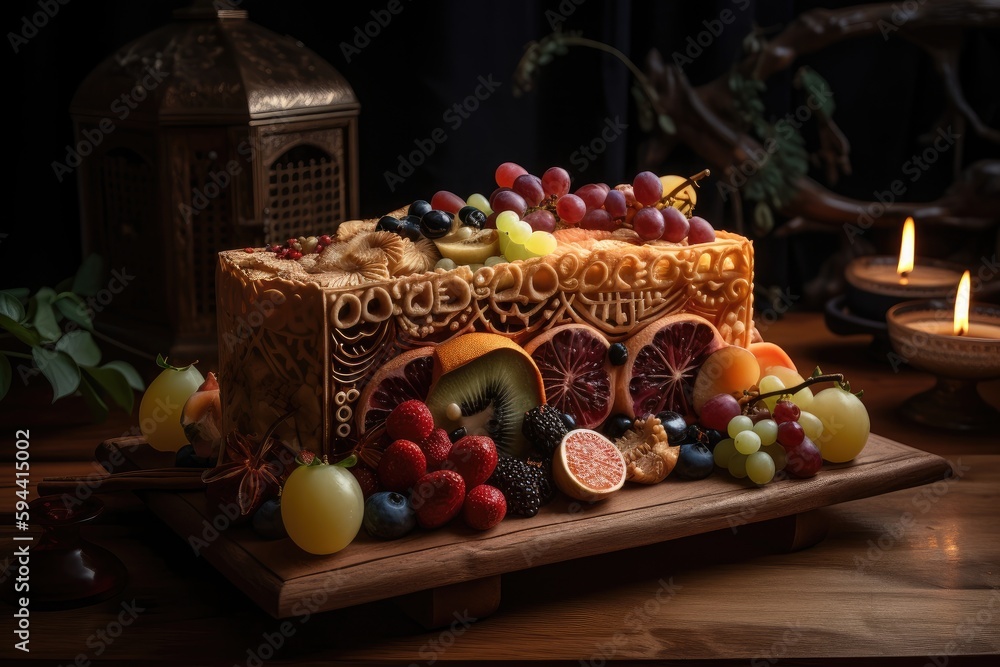 handmade fruit cake, with intricate design and stunning display of ...