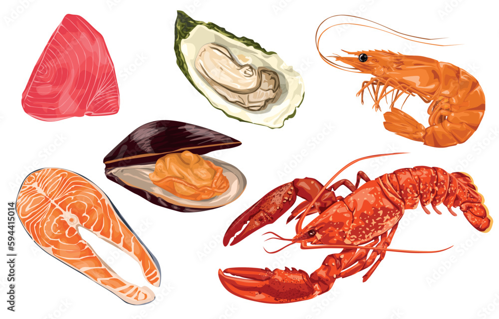 Seafood in cartoon style. Vector icons of mussels, fish salmon, shrimp ...